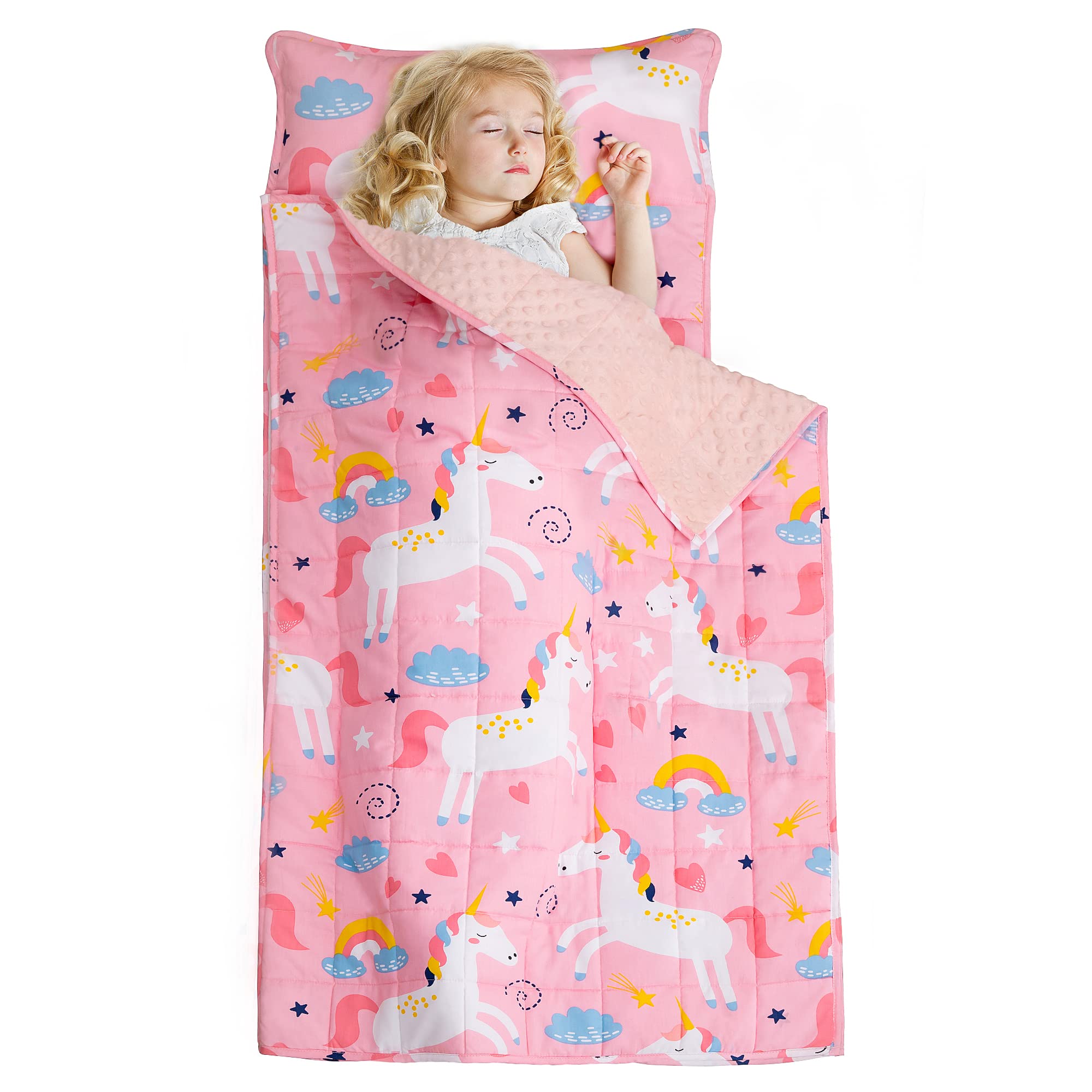 Toddler Nap Mat with Kids Weighted Blanket 3lbs and Pillow, 50 x 20 Inches, Insugar 2-in-1 Kids Sleeping Bag Weighted, Extra Long, Soft and Cozy for Preschool, Children Daycare, Travel, Pink Unicorn