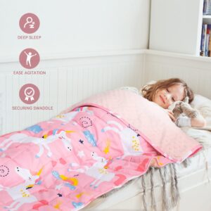 Toddler Nap Mat with Kids Weighted Blanket 3lbs and Pillow, 50 x 20 Inches, Insugar 2-in-1 Kids Sleeping Bag Weighted, Extra Long, Soft and Cozy for Preschool, Children Daycare, Travel, Pink Unicorn