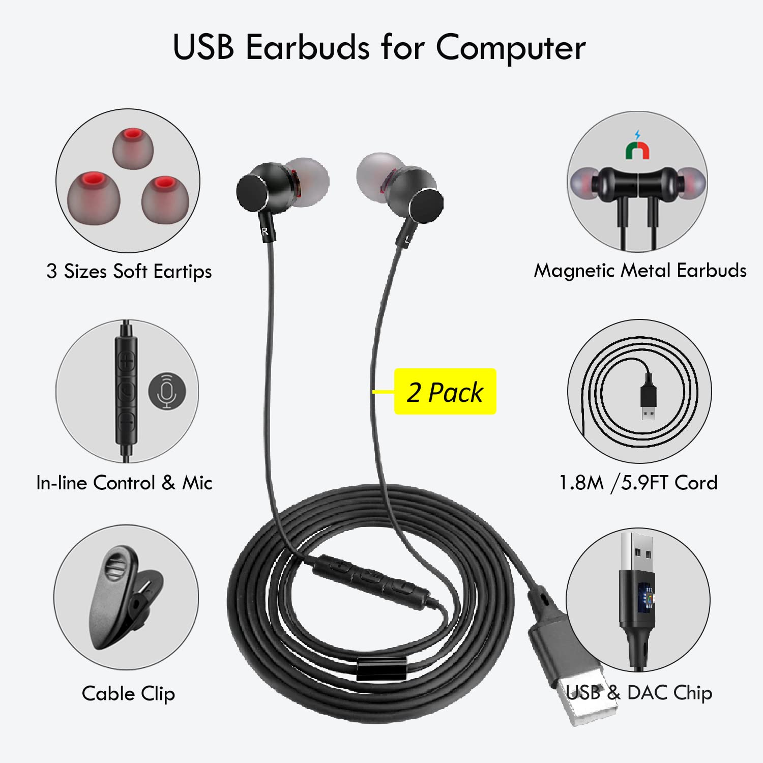 C G CHANGEEK USB Earbuds for Computer, in-Ear USB-A Headphones with Microphone, 1.8M, 2 Pack, 2023 Version