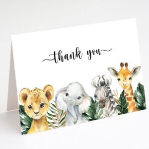 Safari Jungle Thank You Cards With Envelopes, 50 Jungle Animals Folded Baby Shower Thank You Note, 4 x 6 Wild one Notecards, Perfect for Baby Shower & Kids Birthday