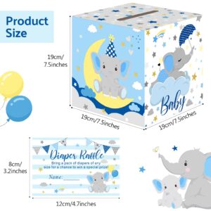 Yisong 50 Blue Elephant Diaper Raffle Tickets with Box for Baby Shower Invitations Baby Boy Elephant Themed Double Sided Card Baby Shower Birthday Decorations Gender Neutral Tickets Insert Card