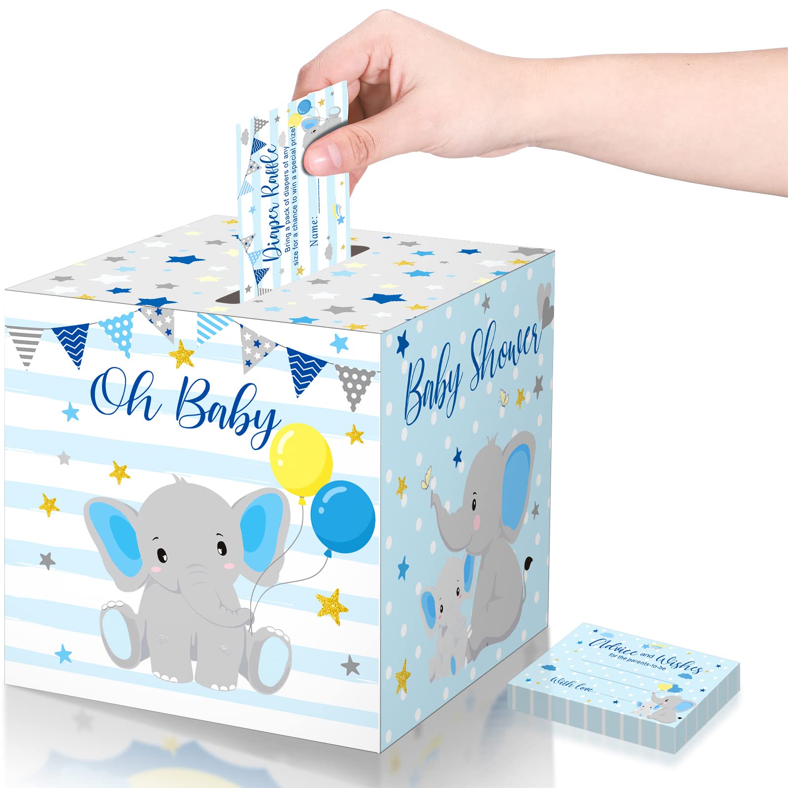 Yisong 50 Blue Elephant Diaper Raffle Tickets with Box for Baby Shower Invitations Baby Boy Elephant Themed Double Sided Card Baby Shower Birthday Decorations Gender Neutral Tickets Insert Card