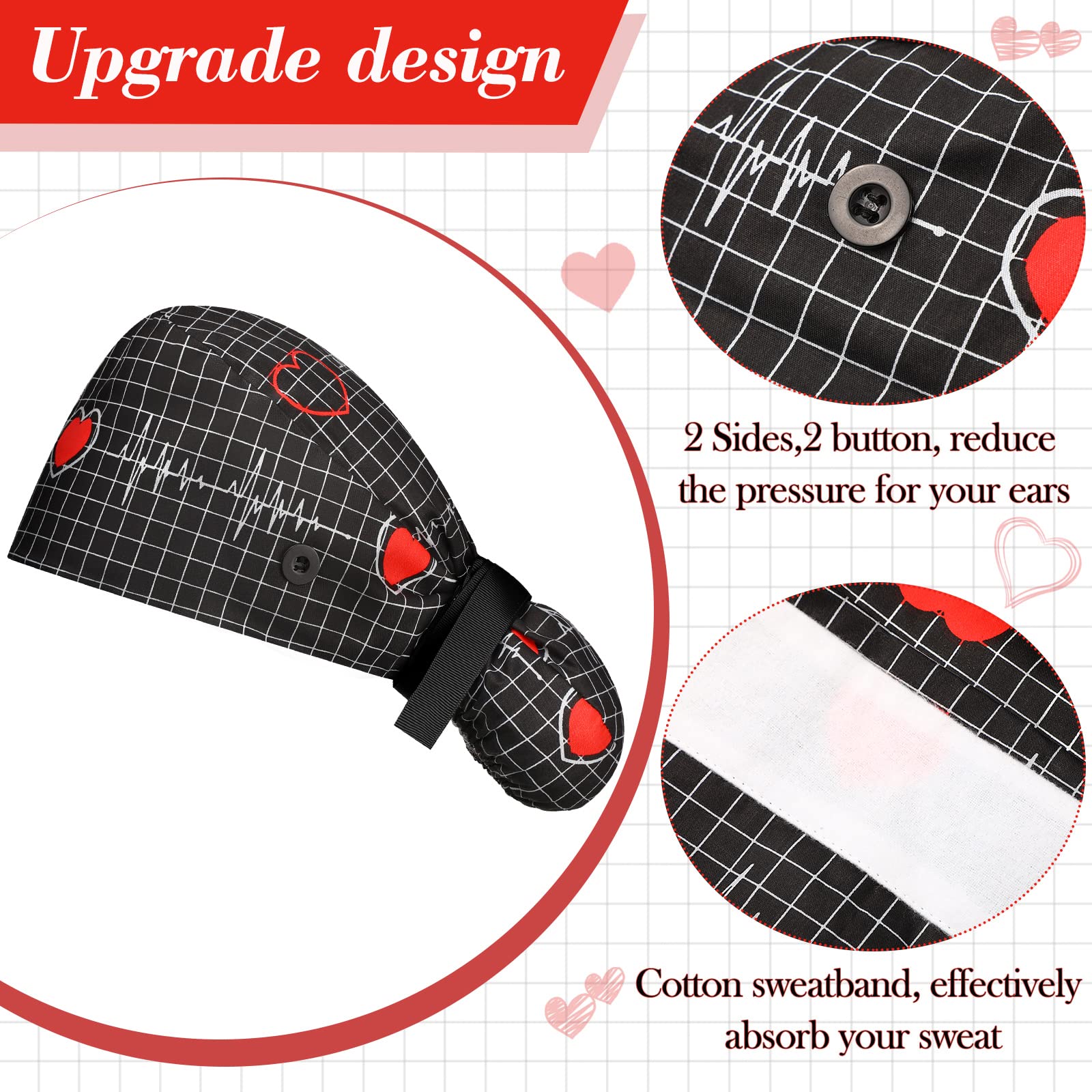 6 Pieces Adjustable Bouffant Cap with Button Women Long Hair Ponytail Hat (Hospital Pattern)