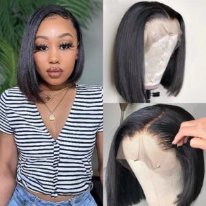 skydo short bob wig human hair for black women 13x4 bob lace front wigs human hair 10inch straight bob wig 180% density human hair bob wig pre plucked hairline with baby hair natural color