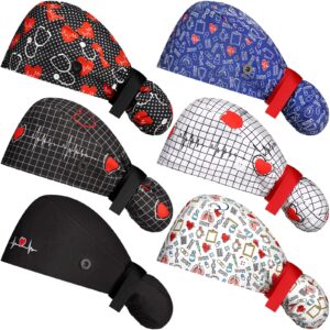 6 pieces adjustable bouffant cap with button women long hair ponytail hat (hospital pattern)