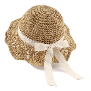 baby girl straw hat 3-6 years girls summer beach hats with bowknot sun protection hats for kids (khaki)