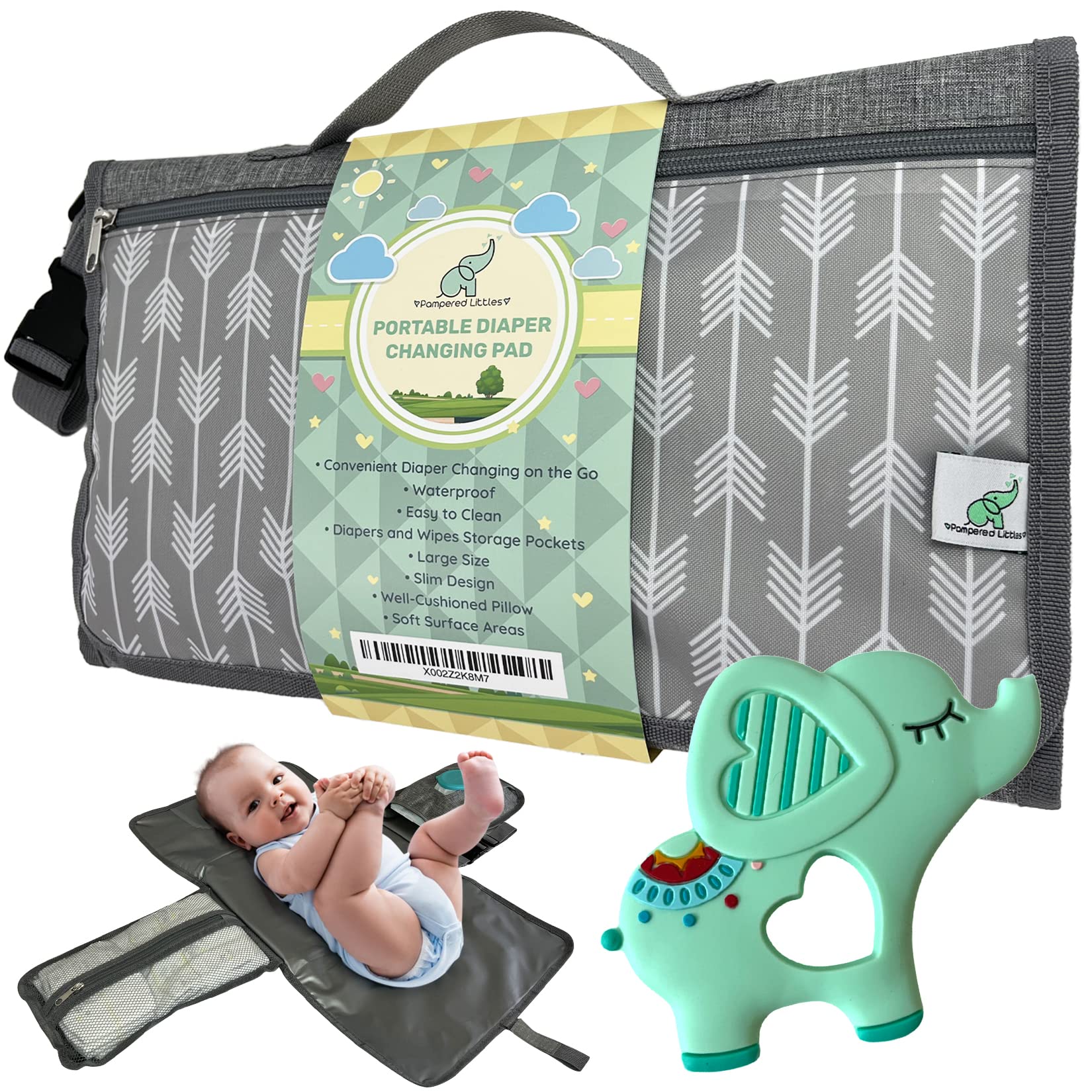 Pampered Littles Portable Changing Pad - Slim Clutch Style Diaper Bag Easy to Clean Soft Large Mat for Baby Big Storage Pockets Travel Friendly Covers Infant Toddler Includes Bonus Gift, Grey