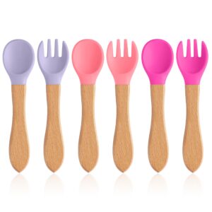 r horse 6pcs silicone baby forks and spoon set with beech handle pink purple silicone baby feeding set bpa-free baby training utensils set baby led weaning spoon set for toddlers boy girl