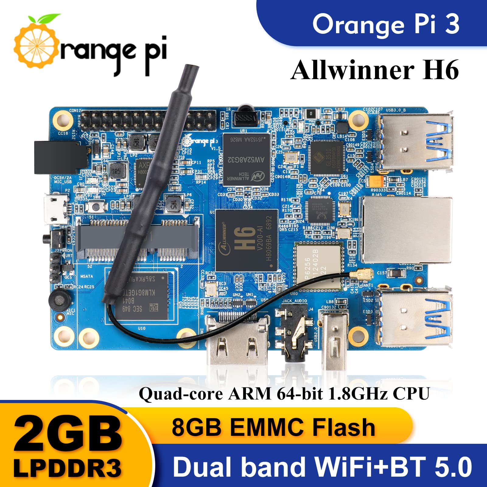 Orange Pi 3, 2G LPDDR3 AllWinner H6 Quad Core 64 Bit 1000M Ethernet Port Single Board Computer with 8G EMMC Flash, Support Android, Ubuntu, Debian (PI3)