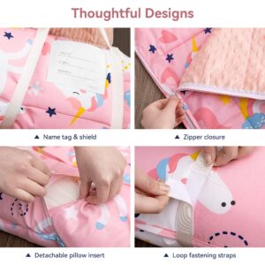 Toddler Nap Mat with Kids Weighted Blanket 3lbs and Pillow, 50 x 20 Inches, Insugar 2-in-1 Kids Sleeping Bag Weighted, Extra Long, Soft and Cozy for Preschool, Children Daycare, Travel, Pink Unicorn