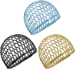 framendino, 3 pack mesh crochet hair net rayon knit snoods hat thick hairnet snood cover ornament for night sleeping hair accessories (blue & black & khaki)