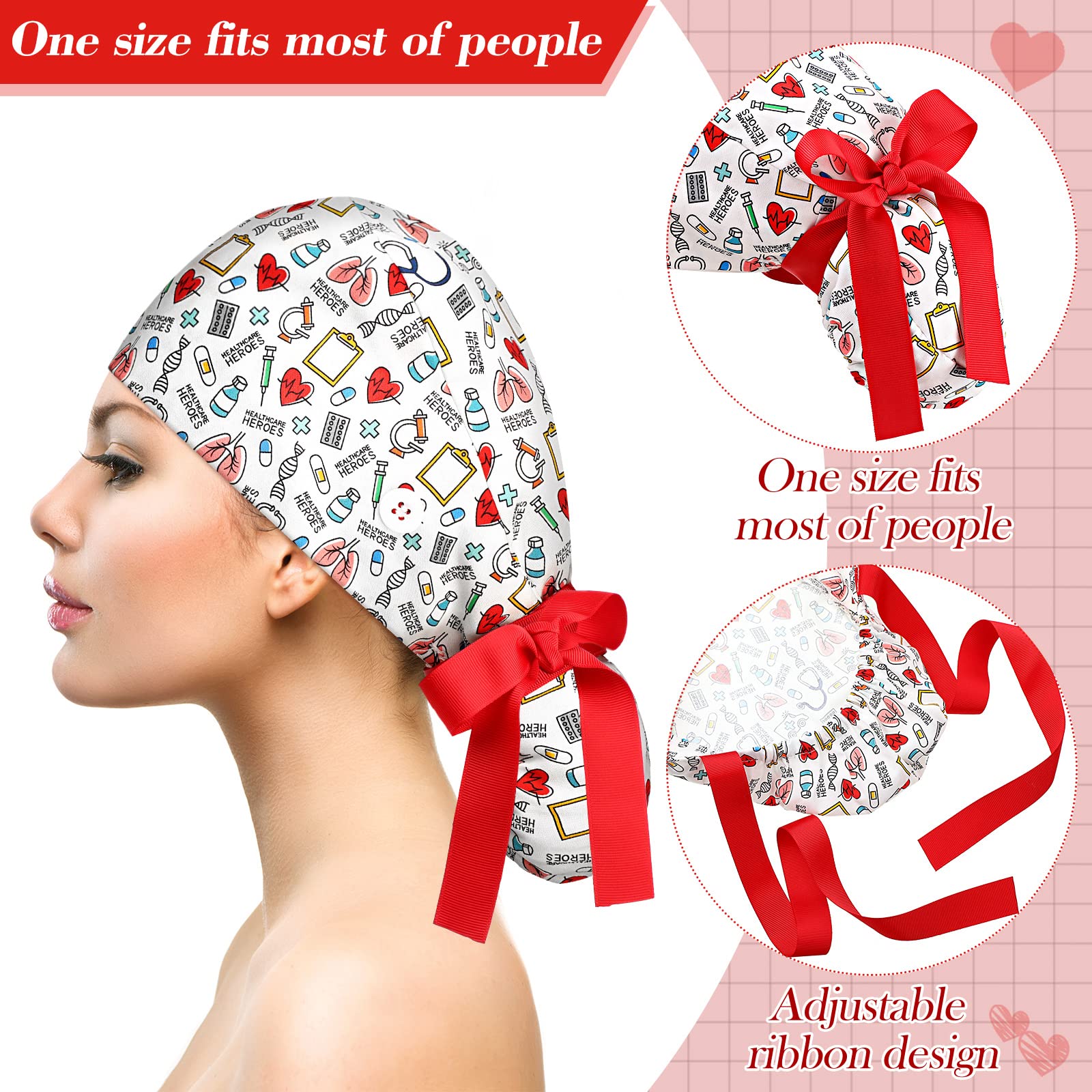 6 Pieces Adjustable Bouffant Cap with Button Women Long Hair Ponytail Hat (Hospital Pattern)