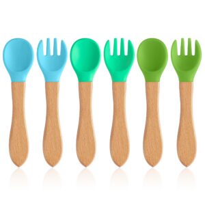 r horse 6pcs silicone baby forks and spoon set with beech handle blue green silicone baby feeding set bpa-free baby training utensils set for toddlers boy girl self feeding