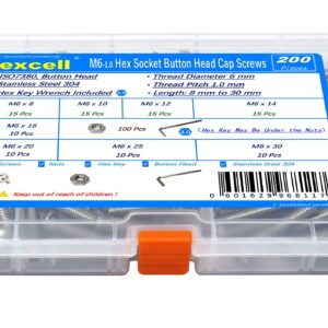 iexcell 200 Pcs M6 x 8/10/12/14/16/20/25/30 Stainless Steel 304 Hex Socket Button Head Cap Screws Bolts Nuts Assortment Kit