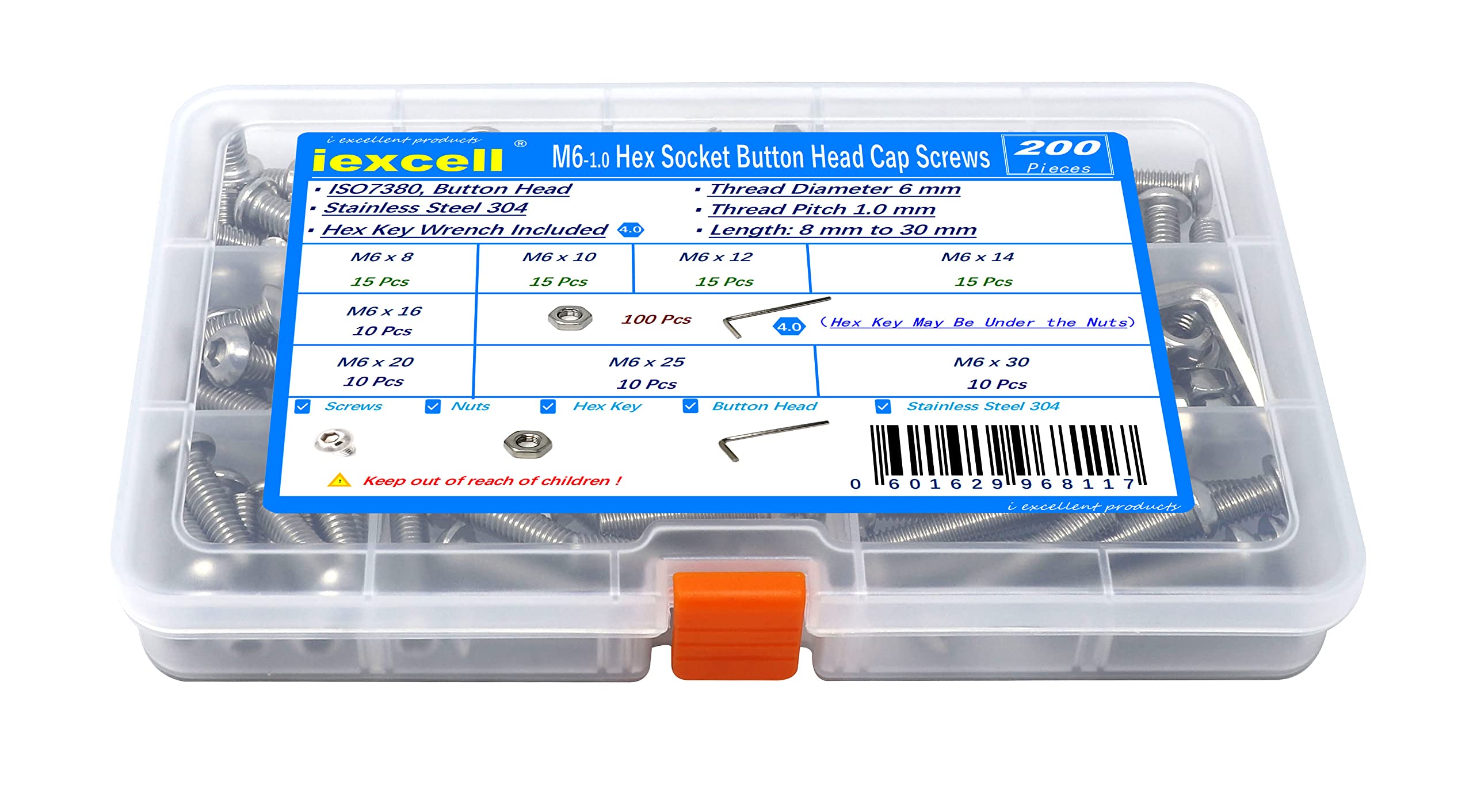 iexcell 200 Pcs M6 x 8/10/12/14/16/20/25/30 Stainless Steel 304 Hex Socket Button Head Cap Screws Bolts Nuts Assortment Kit