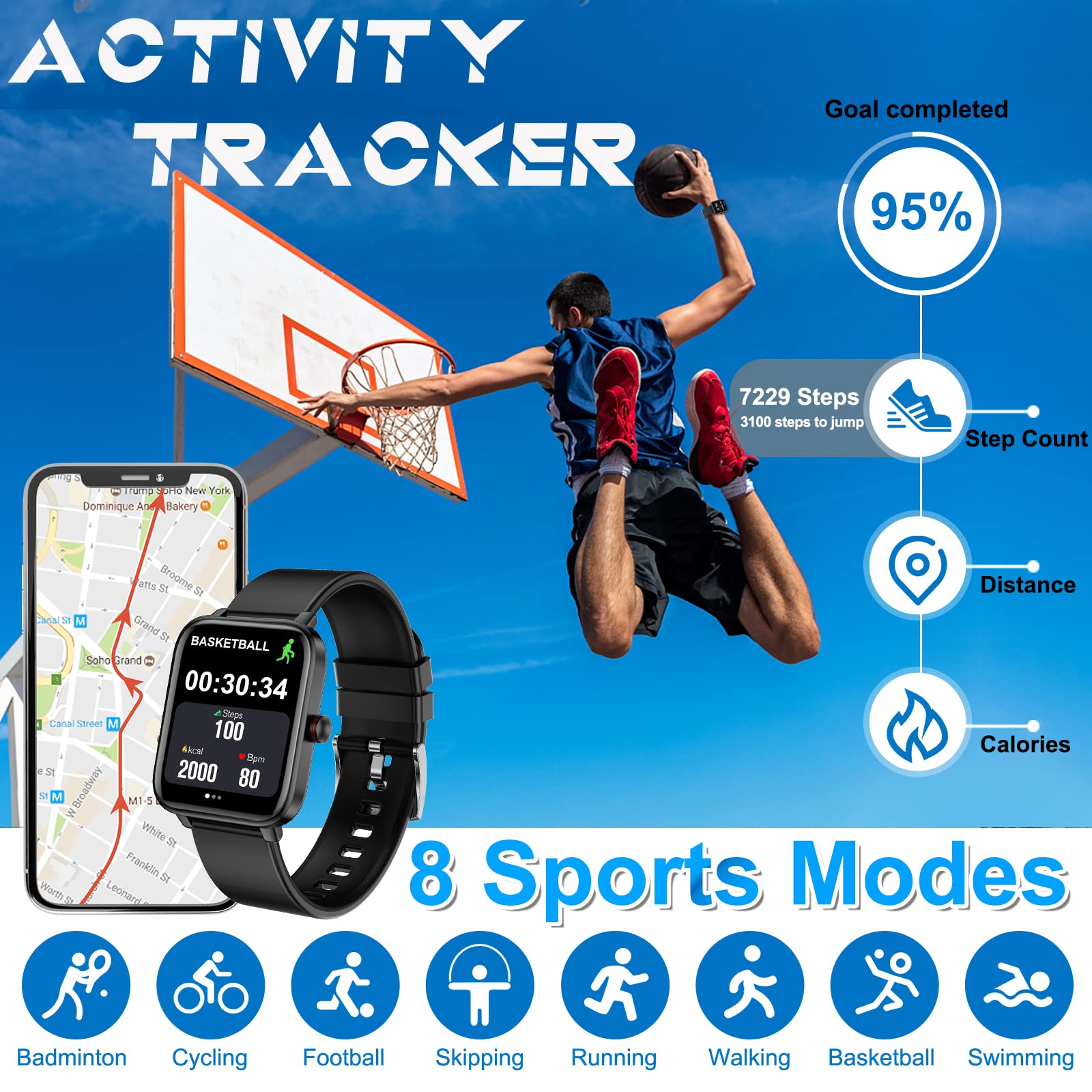 Pradory Smart Watch, Bluetooth Smartwatch with Heart Rate Blood Pressure Monitor, IP67 Waterproof Fitness Watch 1.6" Touch Screen Sports Tracker Watch for for Android iOS Phones Men Women Black