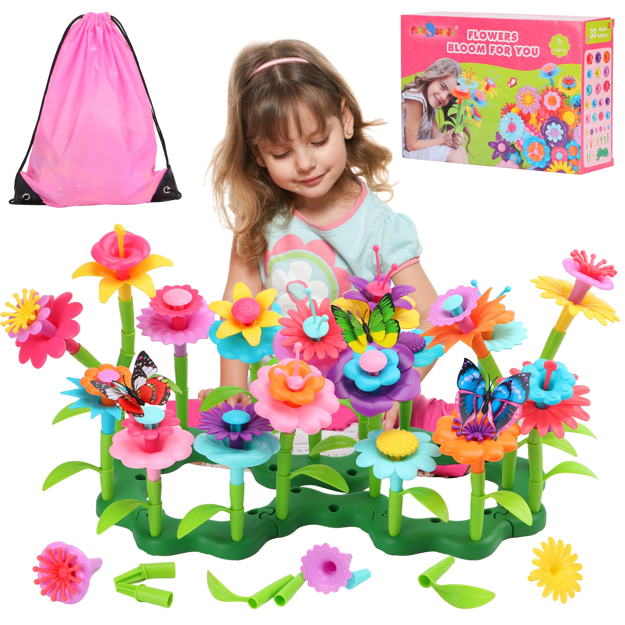 FLYINGSEEDS 106 PCS Flower Garden Building Toys for Girls, Girls Favor STEM Toy Gardening Pretend Play Set for Kids, Stacking Game Educational Activity for Toddlers Kids Age 3 4 5 6 7 8 Year Old