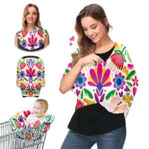 Baby Car Seat Stroller Covers Spring Mexican Flower Leaf Nursing Cover Breastfeeding Scarf Soft Breathable Stretchy Infant Car Canopy Coverage Carseat Cover for Boys and Girls Multi Use