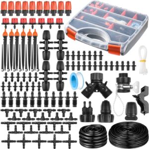 280 pcs drip irrigation kit, 147ft garden watering system 1/2 1/4 in distribution tubing hose automatic patio misting system micro automatic drip irrigation for plant garden greenhouse patio lawn