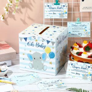 Yisong 50 Blue Elephant Diaper Raffle Tickets with Box for Baby Shower Invitations Baby Boy Elephant Themed Double Sided Card Baby Shower Birthday Decorations Gender Neutral Tickets Insert Card