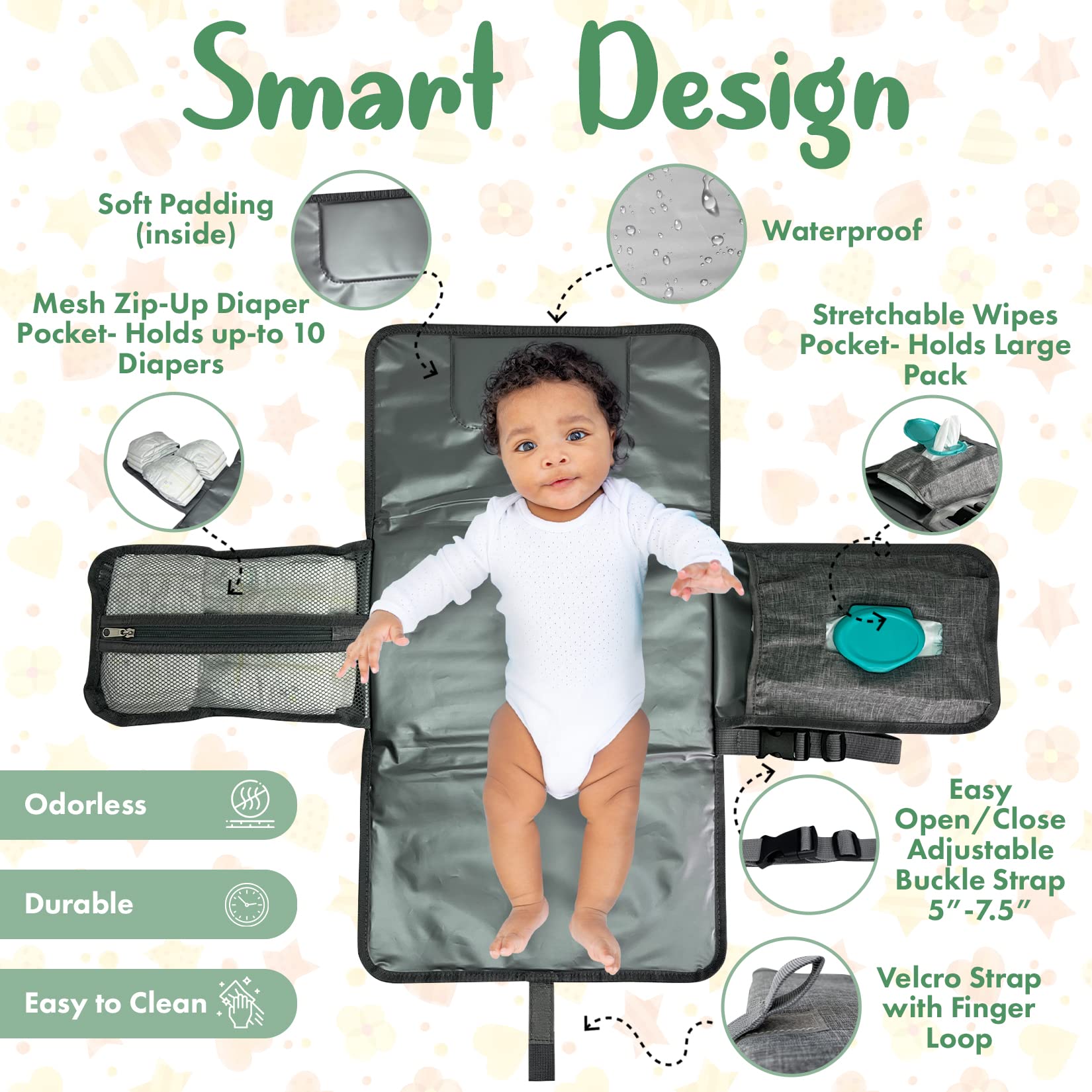 Pampered Littles Portable Changing Pad - Slim Clutch Style Diaper Bag Easy to Clean Soft Large Mat for Baby Big Storage Pockets Travel Friendly Covers Infant Toddler Includes Bonus Gift, Grey