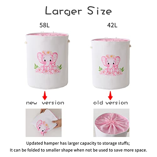 INough Extra Large Hamper for Baby Girl,Elephant Baby Hamper for Nursery, 58L Pink Laundry Basket Gift Bags for Girls Canvas Toy Storage Basket for Play Room Kids Room College Dorms Bedroom