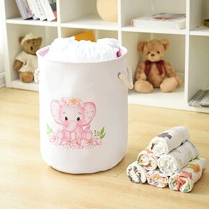 INough Extra Large Hamper for Baby Girl,Elephant Baby Hamper for Nursery, 58L Pink Laundry Basket Gift Bags for Girls Canvas Toy Storage Basket for Play Room Kids Room College Dorms Bedroom