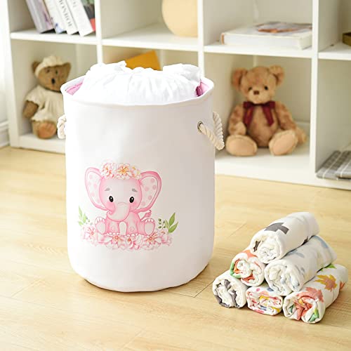 INough Extra Large Hamper for Baby Girl,Elephant Baby Hamper for Nursery, 58L Pink Laundry Basket Gift Bags for Girls Canvas Toy Storage Basket for Play Room Kids Room College Dorms Bedroom