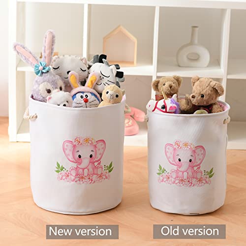 INough Extra Large Hamper for Baby Girl,Elephant Baby Hamper for Nursery, 58L Pink Laundry Basket Gift Bags for Girls Canvas Toy Storage Basket for Play Room Kids Room College Dorms Bedroom