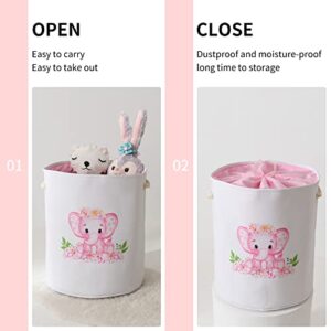 INough Extra Large Hamper for Baby Girl,Elephant Baby Hamper for Nursery, 58L Pink Laundry Basket Gift Bags for Girls Canvas Toy Storage Basket for Play Room Kids Room College Dorms Bedroom