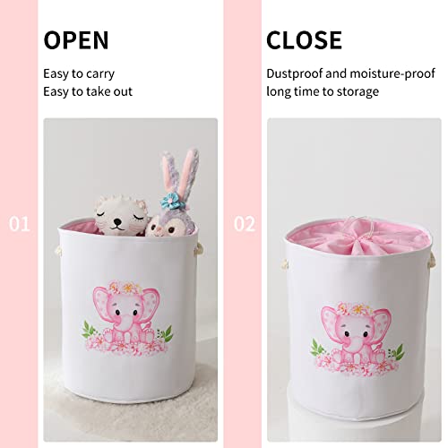 INough Extra Large Hamper for Baby Girl,Elephant Baby Hamper for Nursery, 58L Pink Laundry Basket Gift Bags for Girls Canvas Toy Storage Basket for Play Room Kids Room College Dorms Bedroom