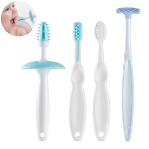 fdbtl 4 pieces training toothbrush set and baby tongue cleaner, infant to toddler oral care for 6 to 24 months, 1 year and up