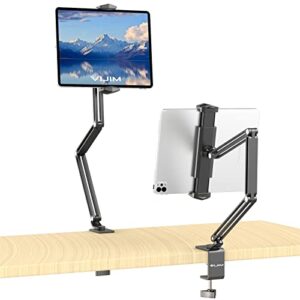 vijim ipad tablet holder for bed or desk, black metal adjustable ipad arm mount stand, overhead compatible for ipad air pro mini, surface pro stand, iphone, android tablet