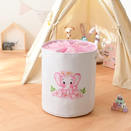 INough Extra Large Hamper for Baby Girl,Elephant Baby Hamper for Nursery, 58L Pink Laundry Basket Gift Bags for Girls Canvas Toy Storage Basket for Play Room Kids Room College Dorms Bedroom