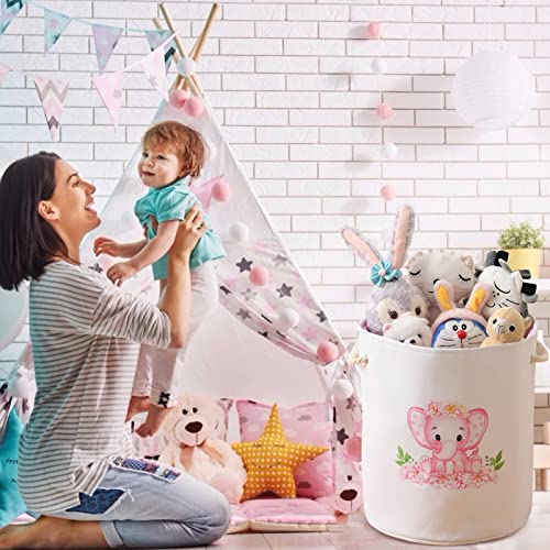 INough Extra Large Hamper for Baby Girl,Elephant Baby Hamper for Nursery, 58L Pink Laundry Basket Gift Bags for Girls Canvas Toy Storage Basket for Play Room Kids Room College Dorms Bedroom