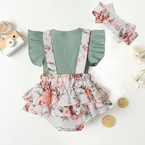 MBZJSDKHLK Newborn Baby Girl Clothes Romper Ruffle Short Sleeve Ribbed Tops Summer Infant Outfits Set Short-Green 3-6 Months