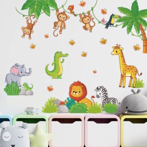 Supzone Jungle Animals Wall Sticker Cartoon Animal Wall Decal Monkey Giraffe Lion Zebra Elephant Wall Decor DIY Vinyl Mural Art for Kids Baby Nursery Bedroom Living Room Playroom