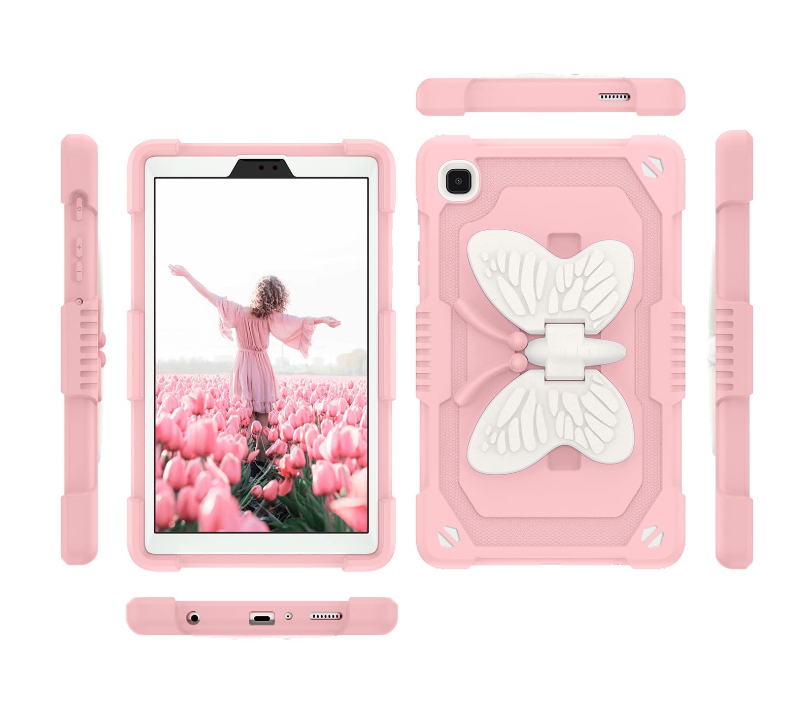 YINLAI Case for Samsung Galaxy Tab A7 Lite, Tab A7 Lite Case 8.7 Inch Silicone Kids Girls with Butterfly Kickstand Shockproof Protective Tablet Cover for Samsung Tab A7 Lite SM-T225/T220/T227, Pink