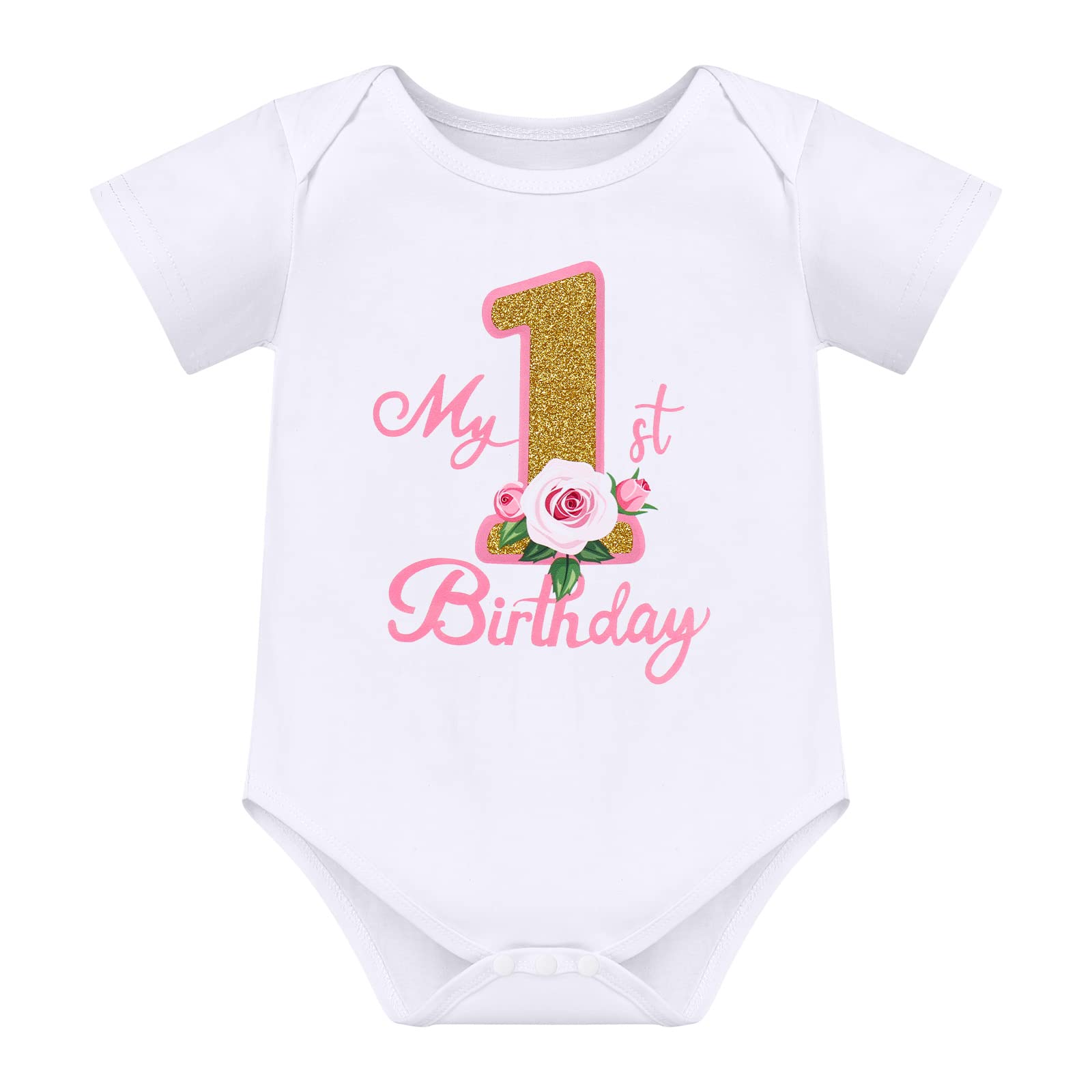 Baby Girl's My 1st Birthday Outfit Flower Printed Cotton Short Sleeve Romper Bodysuit Princess Tutu Tulle Skirt Crown Headband 3pcs Set One Year Old Party Cake Smash Photo Shooting Props Pink