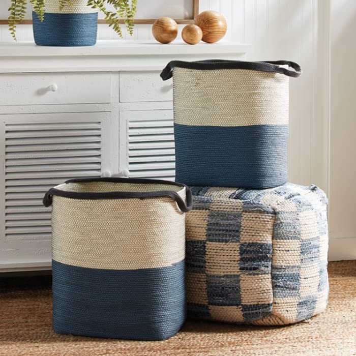 MY SWANKY HOME Set 2 Coastal Casual Blue White Stripe Tall Tote Baskets Large Handles Hamper