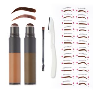 marine forest eyebrow stamp stencil kit, 2 colors in 1 waterproof and long lasting one step easy color brow stamp with 24 eyebrow stencils shaping kit reusable, 1 brush and 1 razor