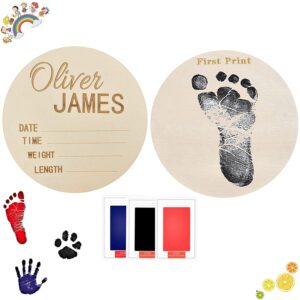 baby newborn custom announcement sign, wooden birth announcement sign for hospital baby name and birth details, fingerprint footprints can be left on the baby announcement sign back(4-6 inches)