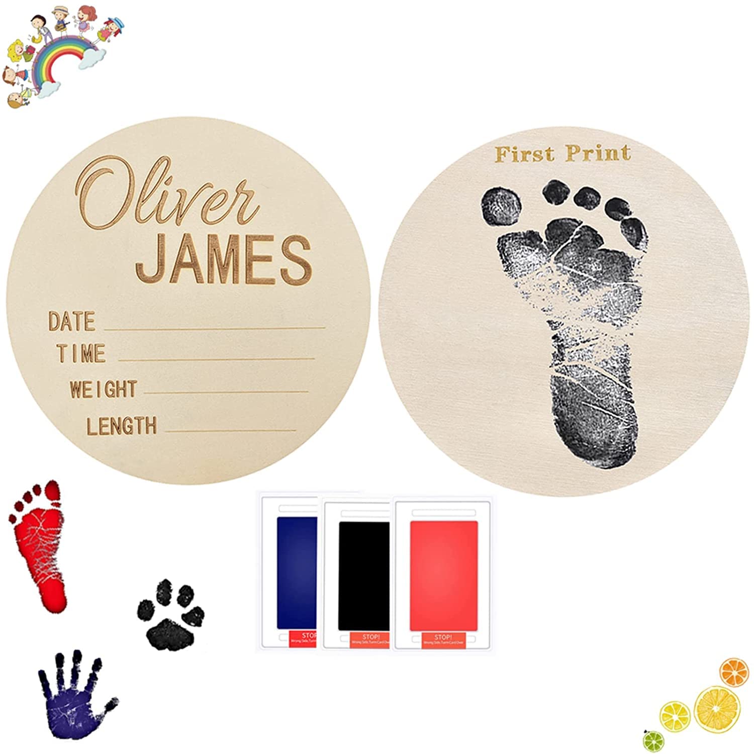 Baby Newborn Custom Announcement Sign, Wooden Birth Announcement Sign for Hospital Baby Name And Birth Details, Fingerprint Footprints Can be Left on The Baby Announcement Sign Back(4-6 inches)