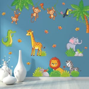 Supzone Jungle Animals Wall Sticker Cartoon Animal Wall Decal Monkey Giraffe Lion Zebra Elephant Wall Decor DIY Vinyl Mural Art for Kids Baby Nursery Bedroom Living Room Playroom