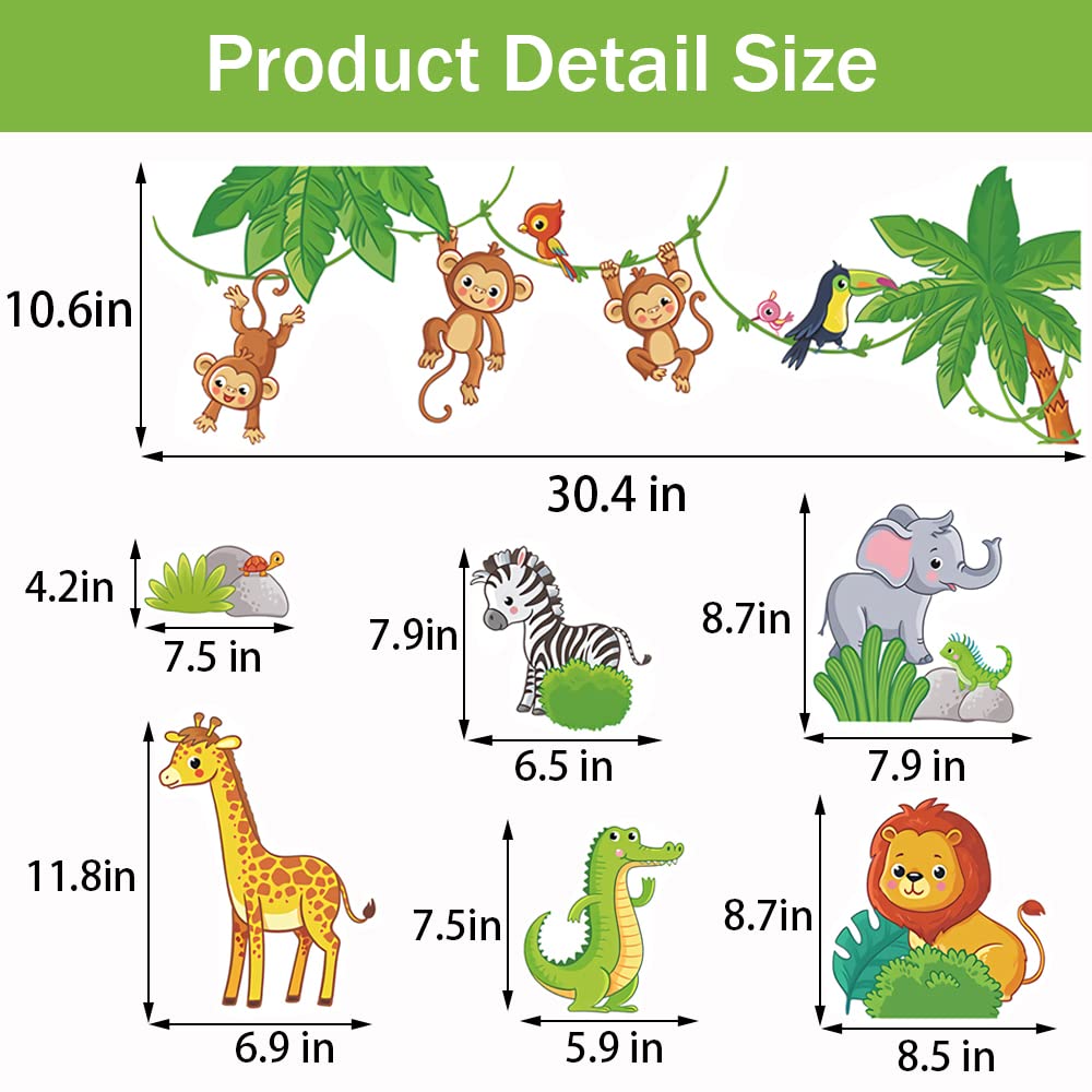 Supzone Jungle Animals Wall Sticker Cartoon Animal Wall Decal Monkey Giraffe Lion Zebra Elephant Wall Decor DIY Vinyl Mural Art for Kids Baby Nursery Bedroom Living Room Playroom