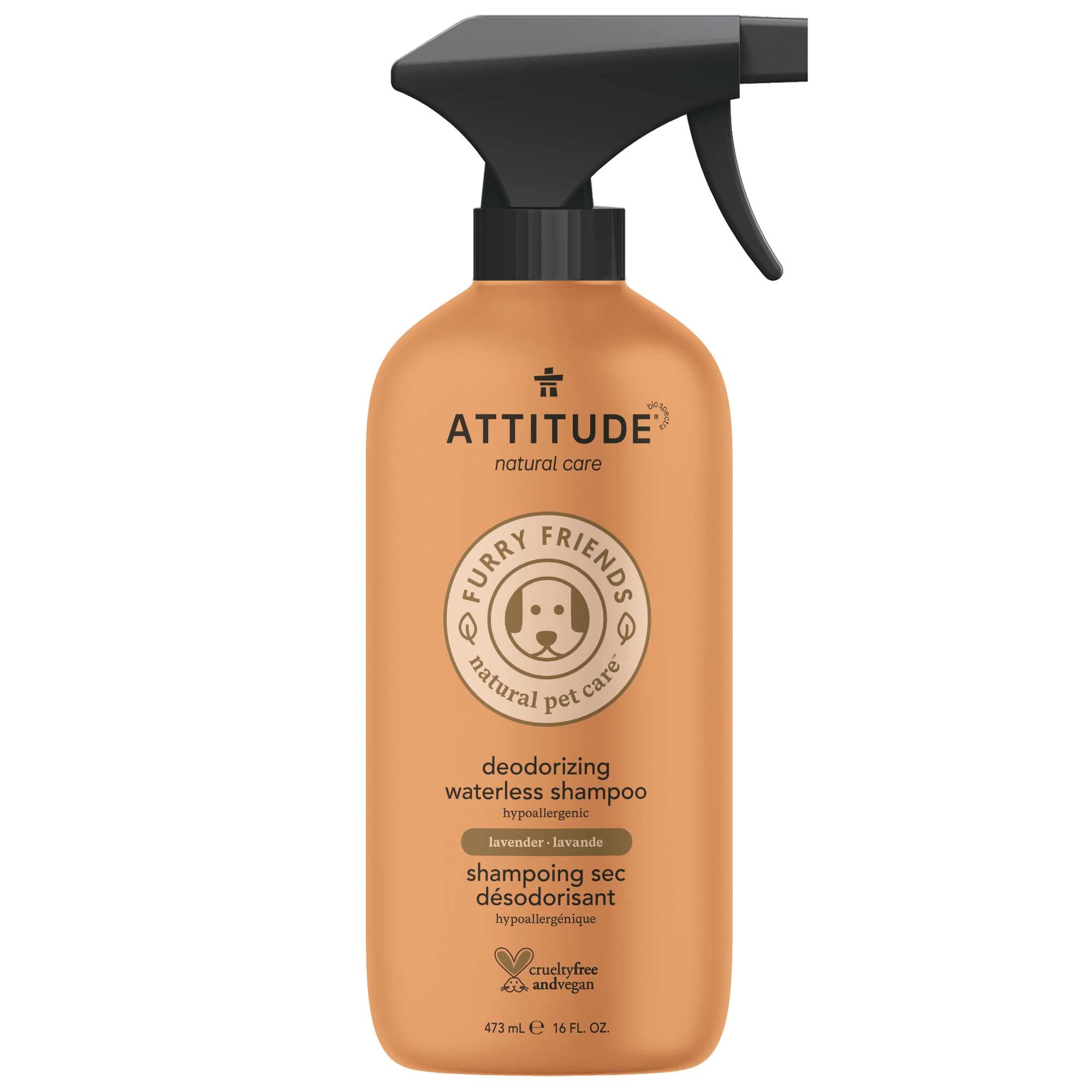 ATTITUDE Waterless Shampoo Spray for Pets, Plant and Mineral-Based Ingredients, Vegan and Cruelty-Free Grooming Products, Deodorizing and Anti-Itching, Lavender, 16 Fl Oz