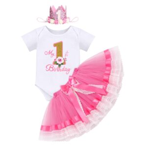 baby girl's my 1st birthday outfit flower printed cotton short sleeve romper bodysuit princess tutu tulle skirt crown headband 3pcs set one year old party cake smash photo shooting props pink