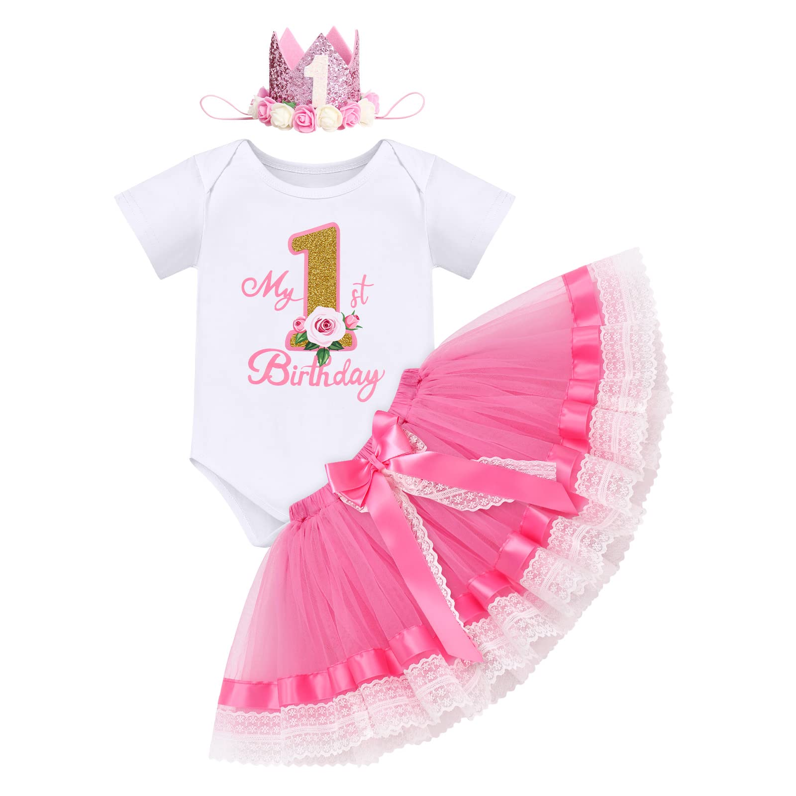 Baby Girl's My 1st Birthday Outfit Flower Printed Cotton Short Sleeve Romper Bodysuit Princess Tutu Tulle Skirt Crown Headband 3pcs Set One Year Old Party Cake Smash Photo Shooting Props Pink