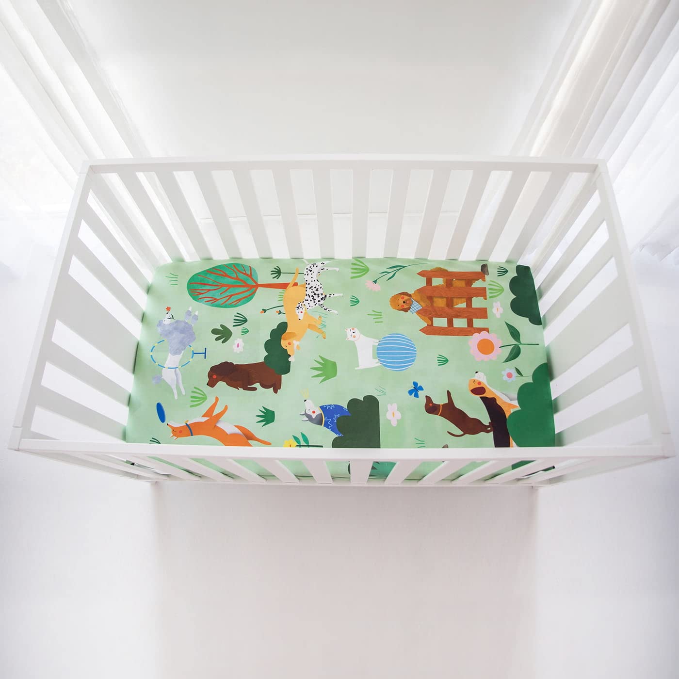 Rookie Humans 100% Cotton Sateen Fitted Crib Sheet: at The Dog Park. Modern Nursery, Use as a Photo Background for Your Baby Pictures. Standard Crib Size (52 x 28 inches)