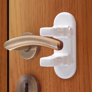 [upgrade] 1 pack childproof door lever lock, child door lock prevents toddlers from opening doors, durable abs with 3m adhesive backing, baby door lock easily used - perfect for door, cabinet, windows